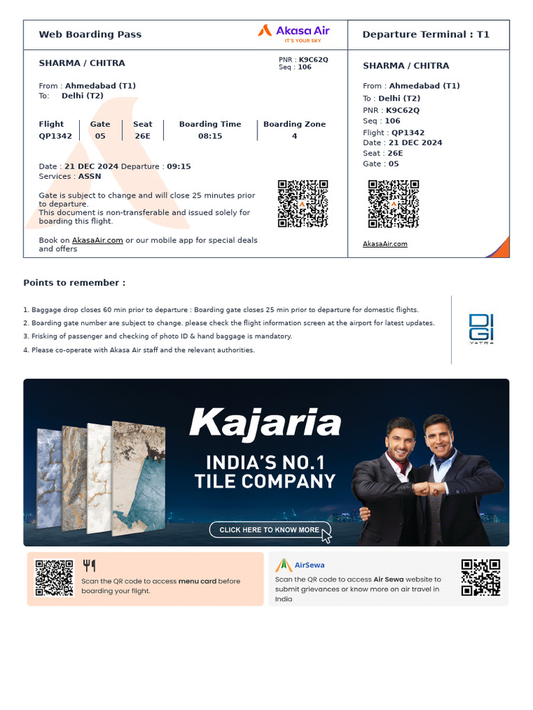 Akasa Air E-Boarding Pass - K9C62Q - CHITRA | PDF