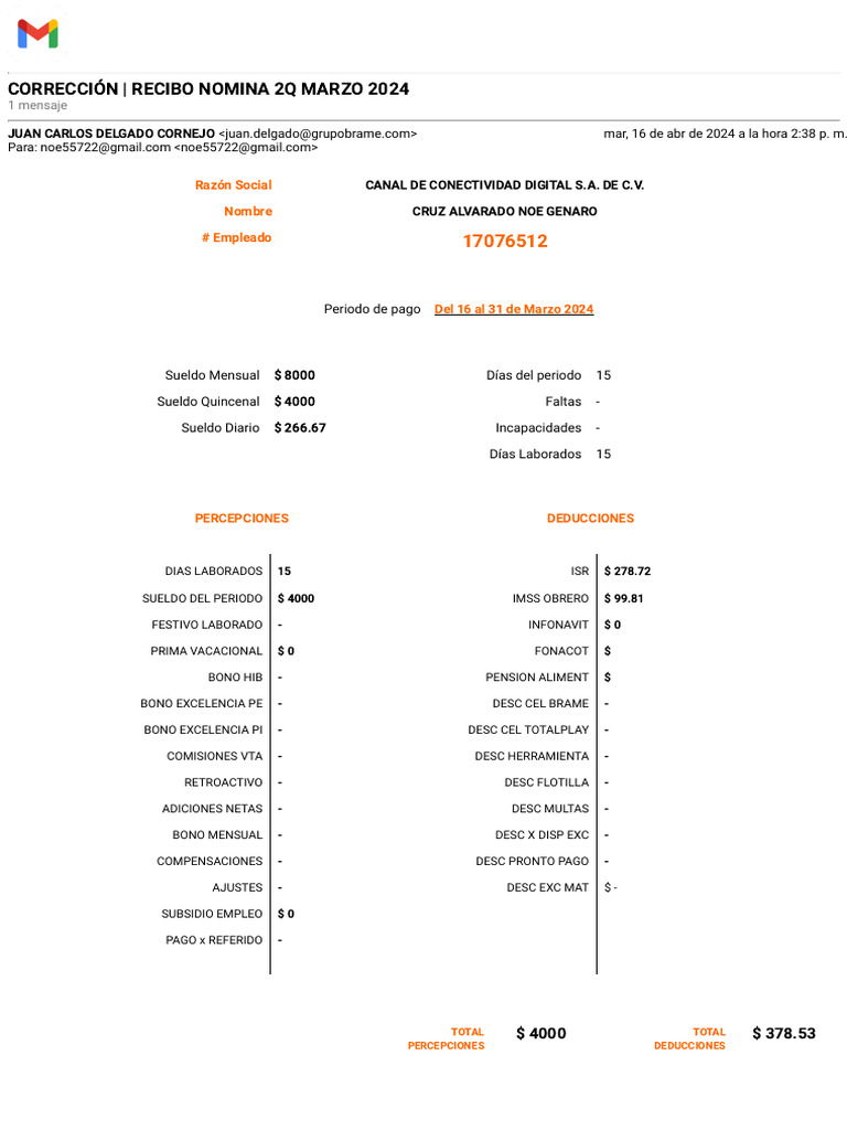 Gmail - Corrección - Recibo Nomina 2q Marzo 2024 | PDF