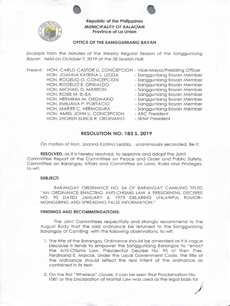 Resolution No. 183 S. 2019 - Approval of Barangay Ordinance No. 04 S ...