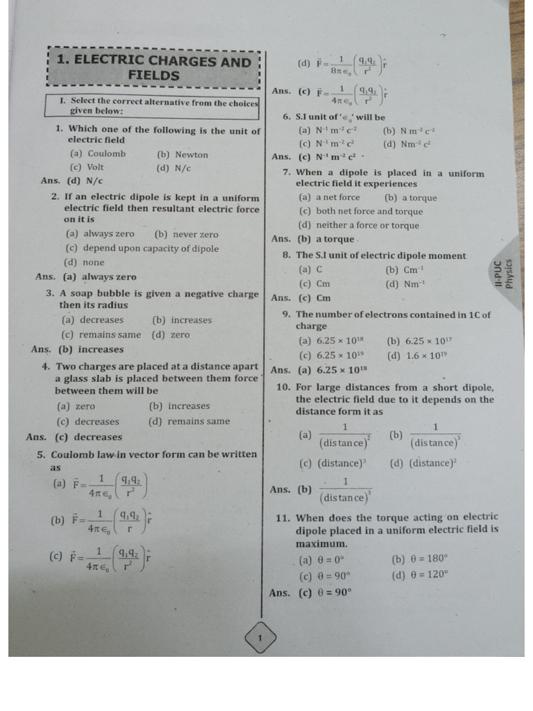 MCQ and FIB On Electric Charges and Fields | PDF