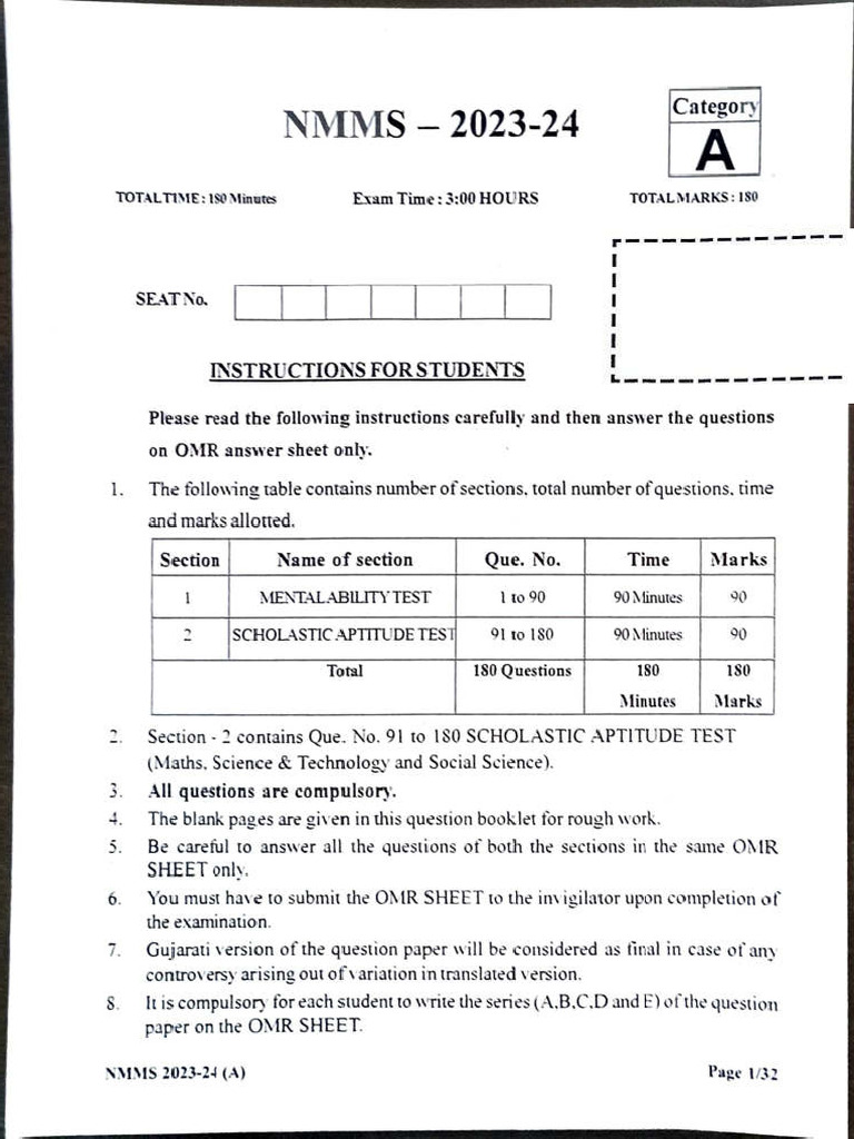 Nmms Exam-2023-24 Set A English Medium12 - 042024 | PDF