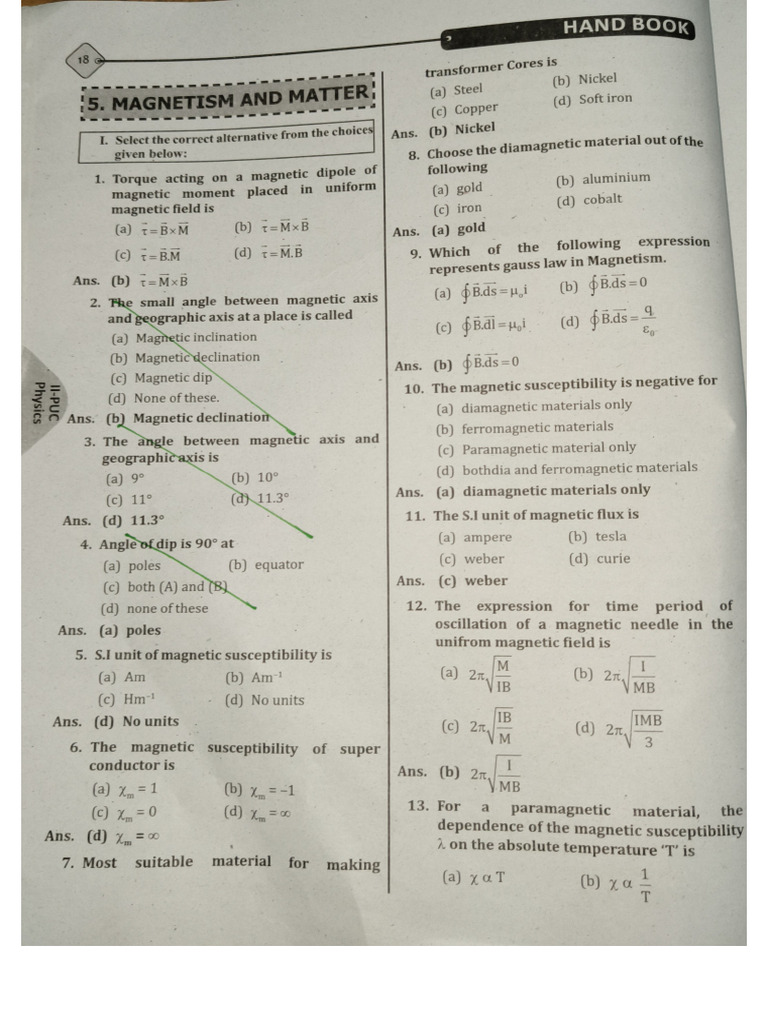 5.magnetism and Matter (MCQ) | PDF