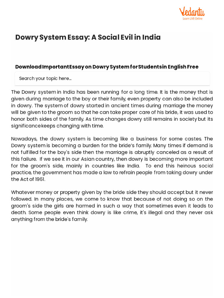 Dowry System Essay - A Social Evil in India | PDF