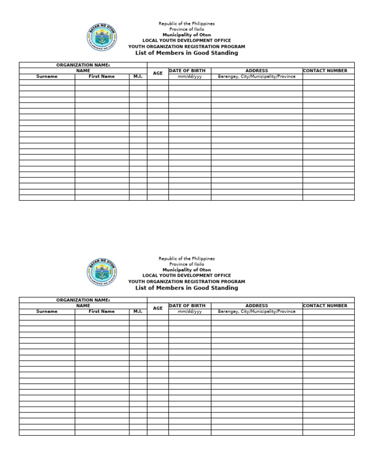 YO&YSO REGS. FORM & List of Members in Good Standing | PDF