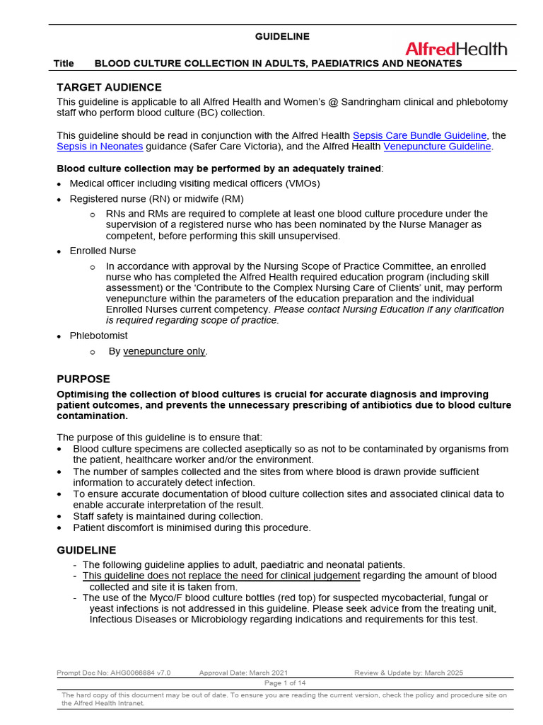 Blood Culture Collection Guidelines | PDF | Nursing | Sepsis