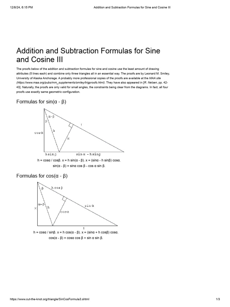Sine and Cosine Addition and Subtraction Formulas | PDF | Trigonometry | Trigonometric Functions