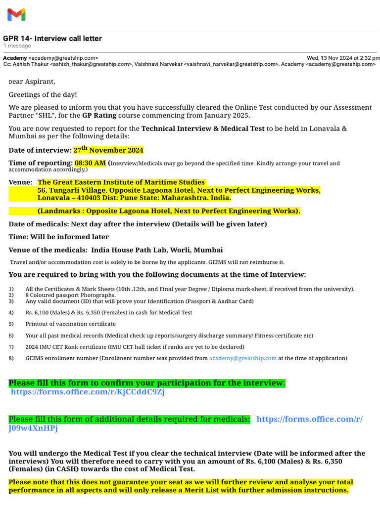 GP Rating Interview Call Letter | PDF