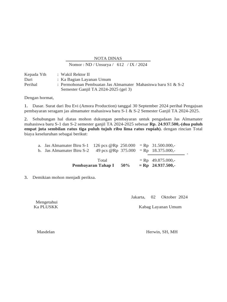 NOTA urdal Roum no 612 seragam Jas ALmamater S1 ganjil TA 2024 2025 AMORA | PDF