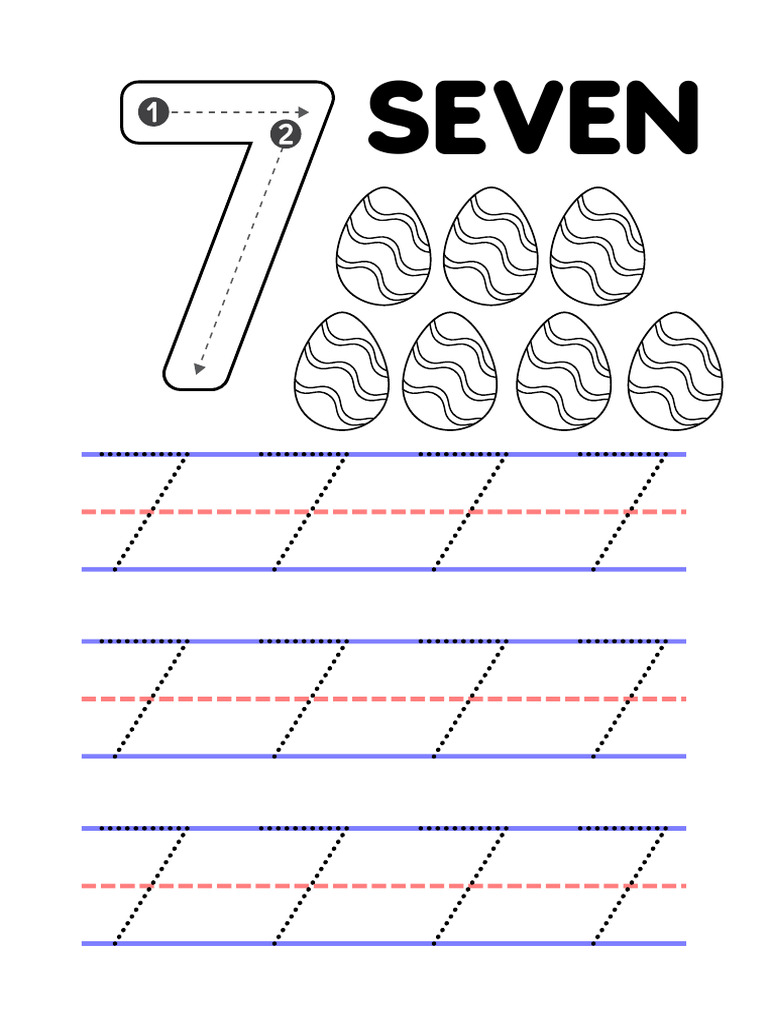 Red Orange Simple Number 7 Tracing Worksheet | PDF