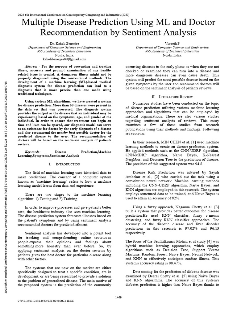 Multiple Disease Prediction Using ML and Doctor Recommendation by ...