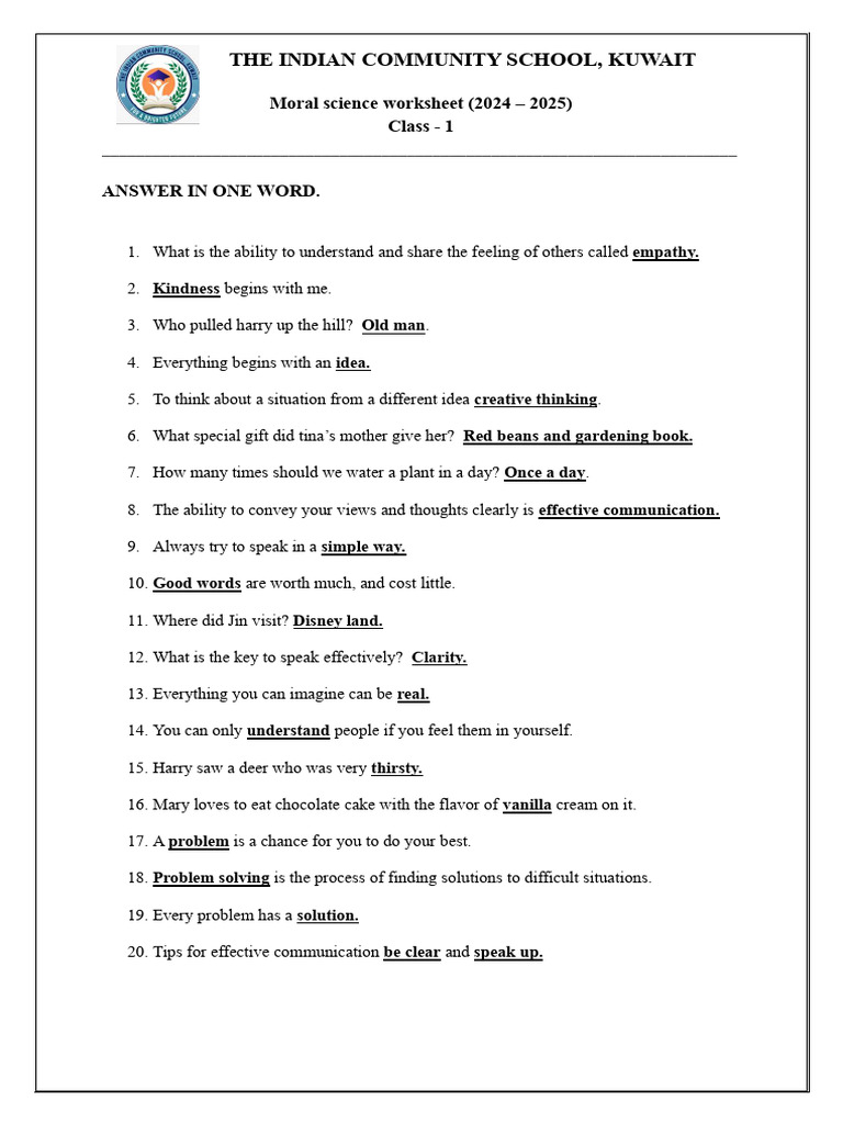 Moral Science for Class 1 Students | PDF