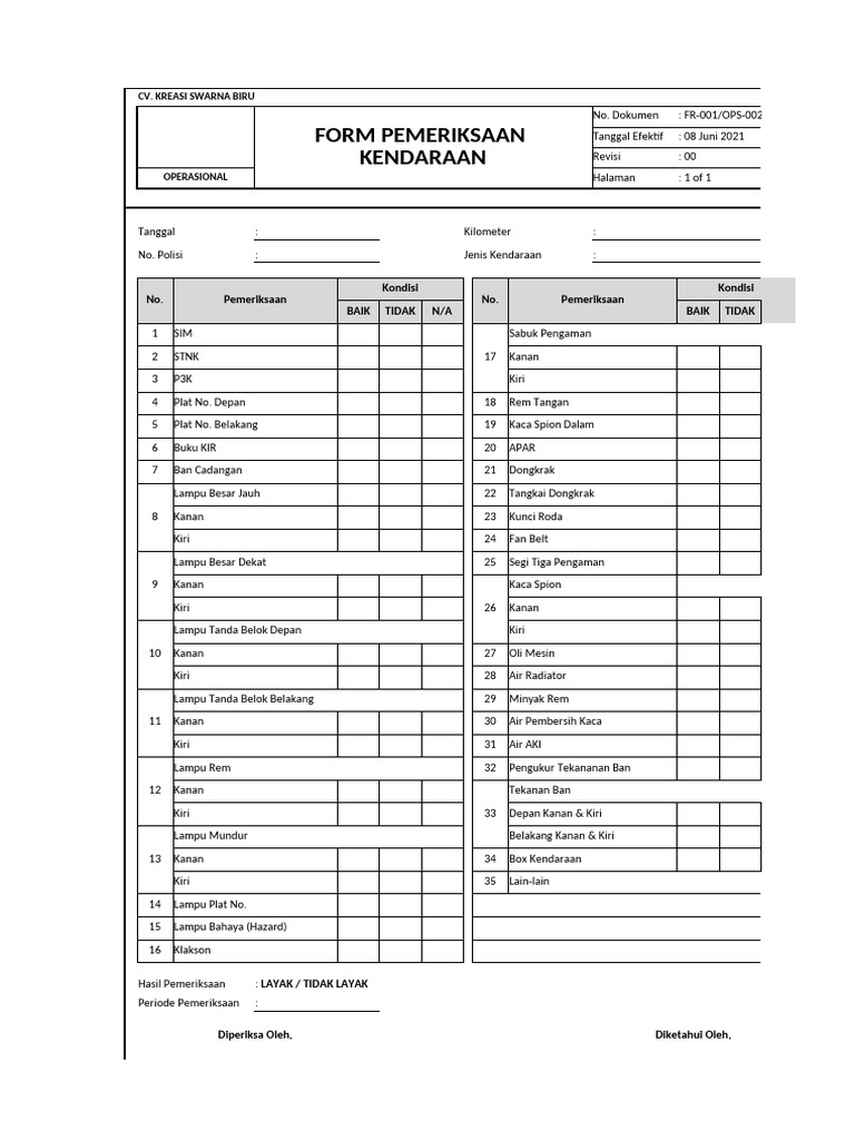 Form Pemeriksaan Kendaraan | PDF