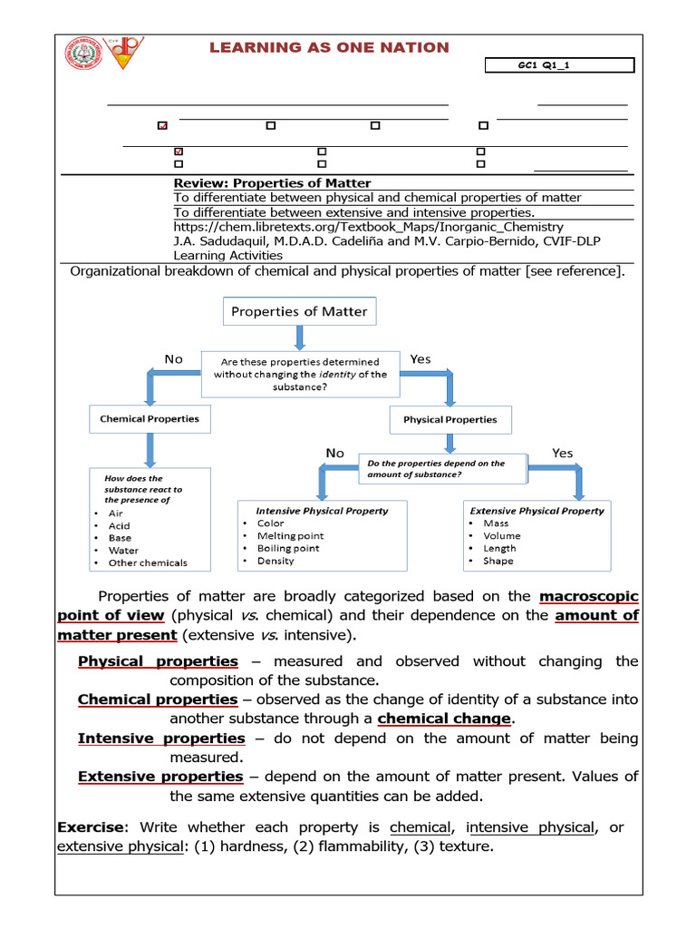 Gen Chem 1 LAS 01 Review Properties of Matter | PDF