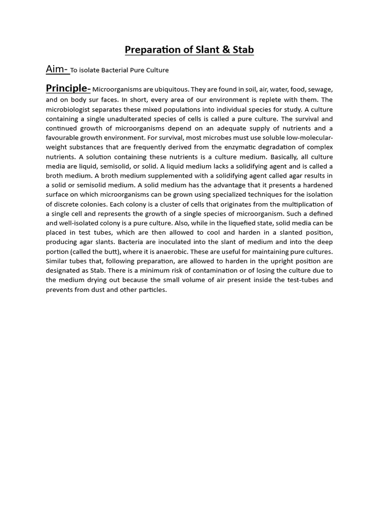 Experiment 10 Preparation of Slant and Stab Culture | PDF | Growth ...