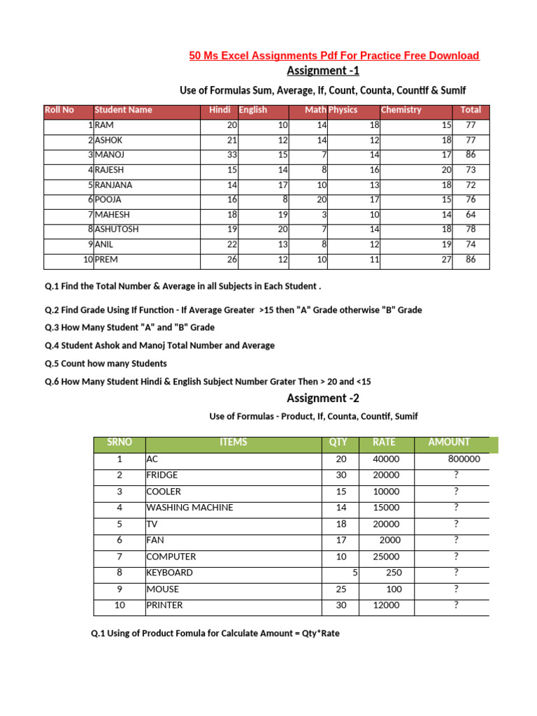 50 Ms Excel Assignments PDF for Practice Free Download (1) | PDF ...