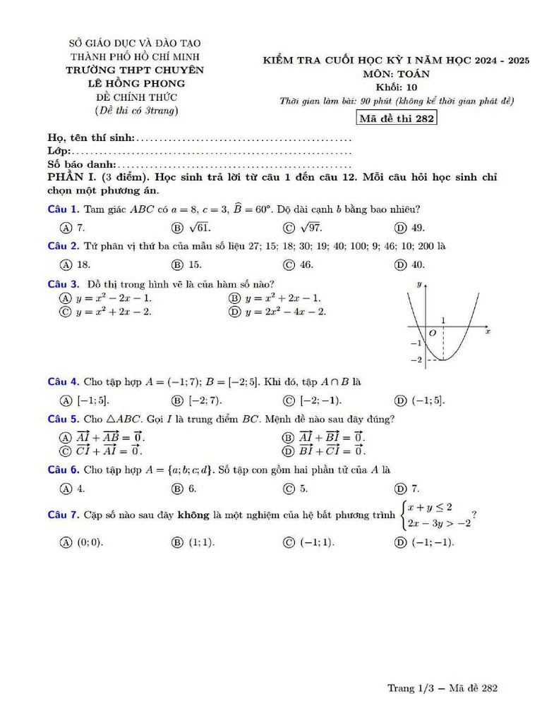 De Cuoi Hoc Ky 1 Toan 10 Nam 2024 2025 Truong Chuyen Le Hong Phong Tp Hcm (1) | PDF