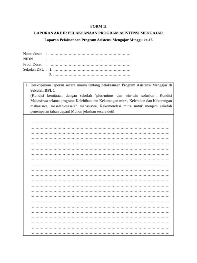 (Form 11) Laporan Akhir Pelaksanaan Asistensi Mengajar | PDF (Form 11) Laporan Akhir Pelaksanaan Asistensi Mengajar | PDF