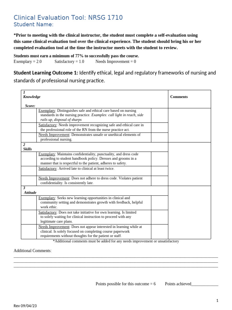 NRSG_1710_Clinical_eval_tool_FA23 - Copy | PDF | Nursing | Electronic Health Record