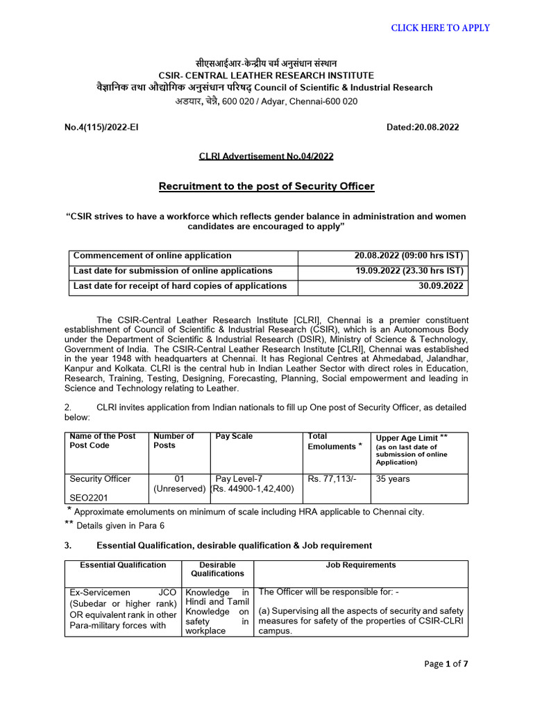 CSIR CLRI Security Officer Recruitment | PDF | Pension