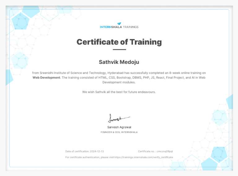 Web Development Training - Certificate of Completion Sathvik | PDF