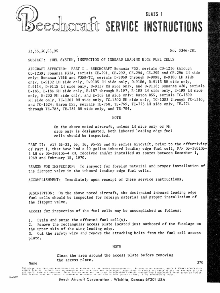 Si 0346 281 - Fuel System Inspection of Inboard Leading Edge Fuel Cells ...