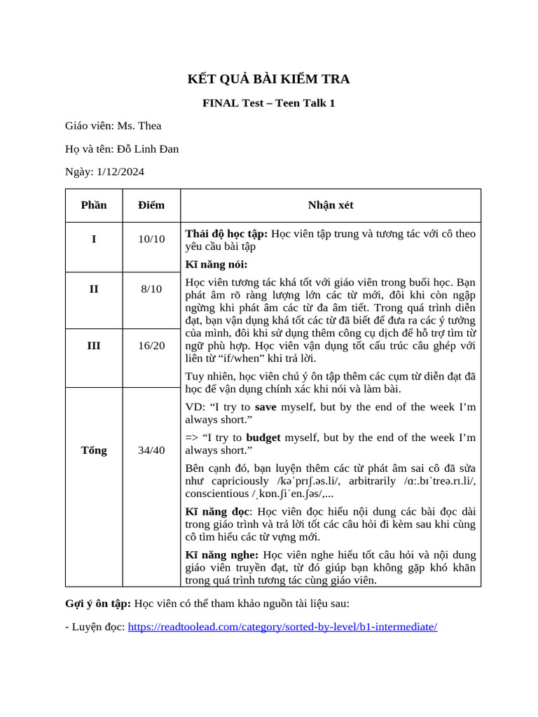 TEST EVALUATION - FINAL - Teen Talk 1 | PDF