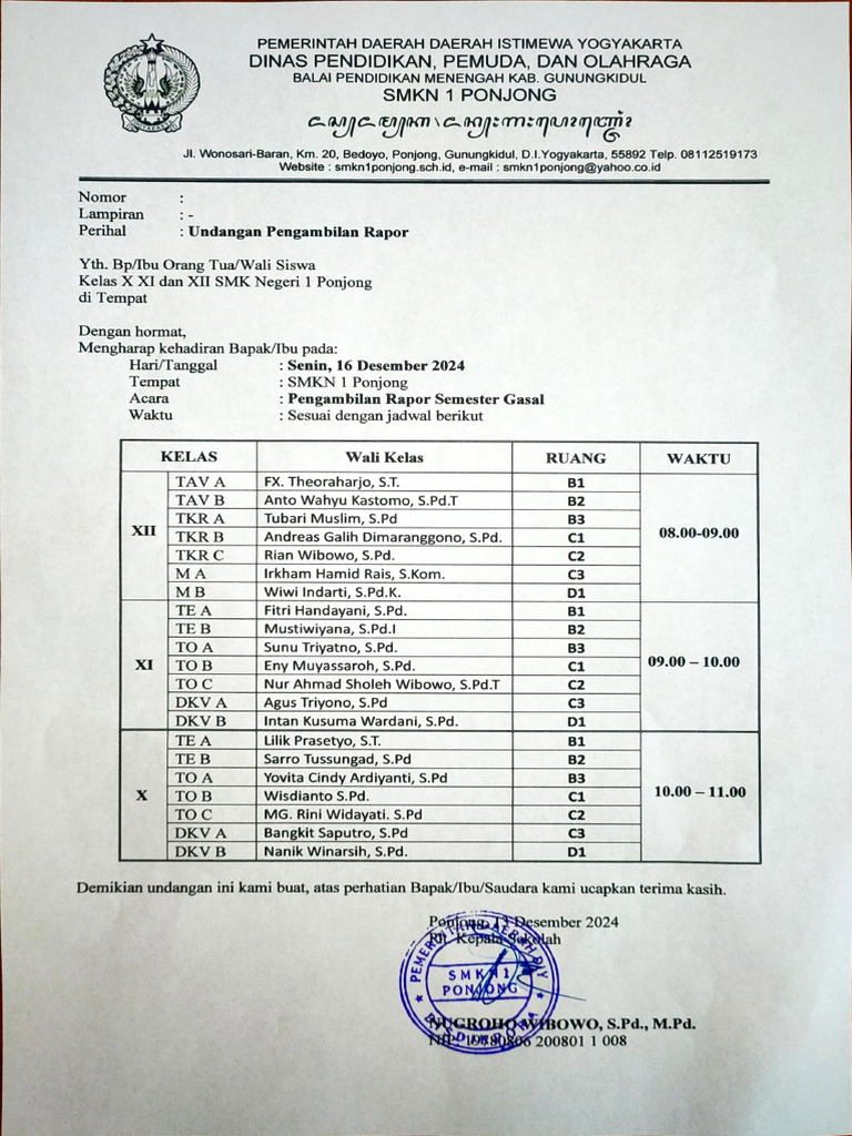 Undangan Pengambilan Rapot Semester Gasal 2024 | PDF