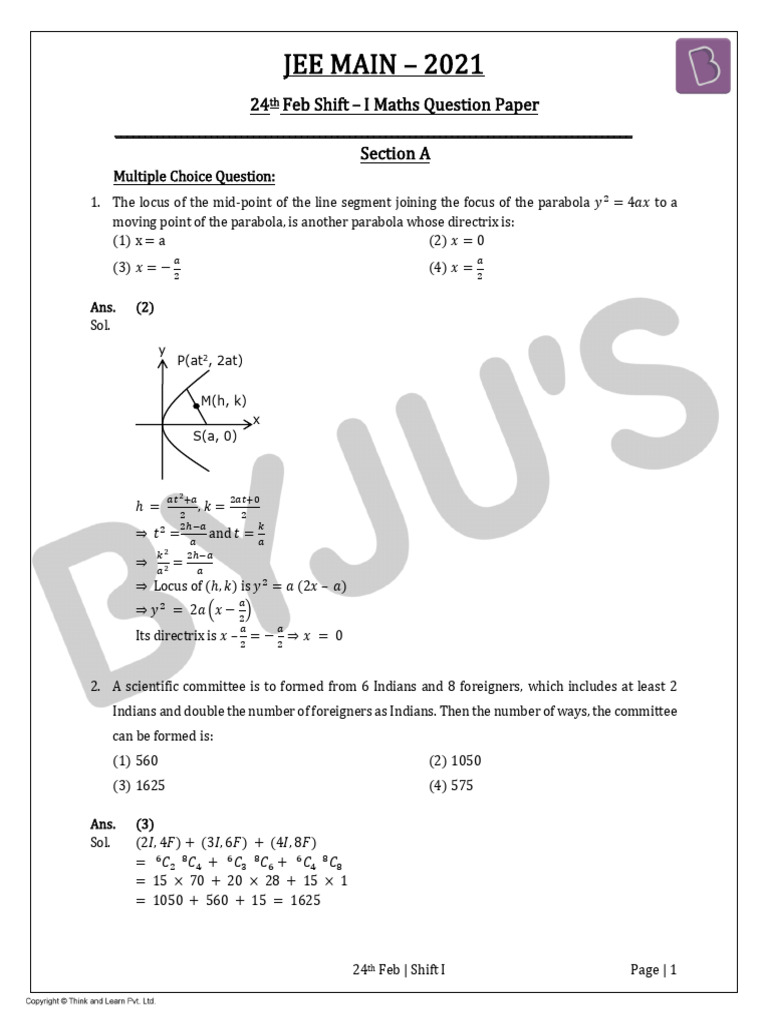 JEE Main 2021 Feb 24 Shift 1 Maths Paper | PDF | Tangent | Line (Geometry)