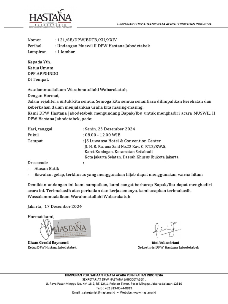 (Se-121) Undangan Muswil Ii Hastana Jabodetabek (DPP Apgindo) | PDF