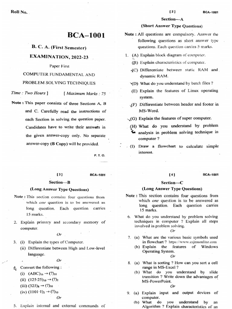 Bca 1 Sem Computer Fundamental and Problem Solving Techniques Bca 1001 2023 | PDF