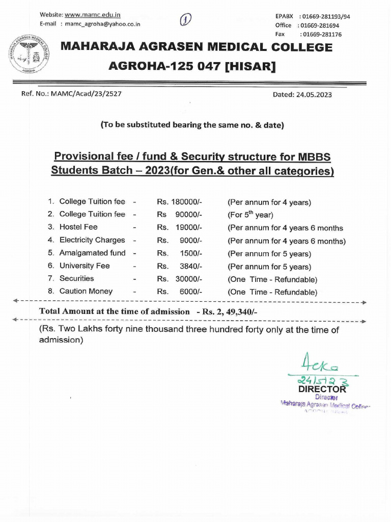 Fee Structure MBBS Including NRI Batch 2023 | PDF