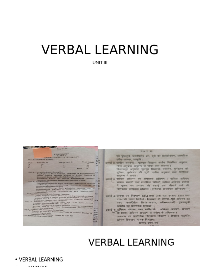 Verbal Learning Unit 3 | PDF | Learning | Recall (Memory)
