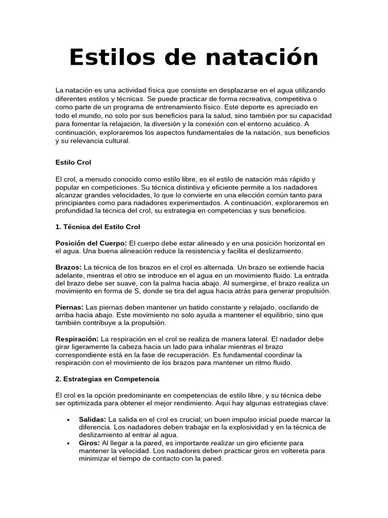 Técnicas y Beneficios de Estilos de Natación | PDF | Nadando