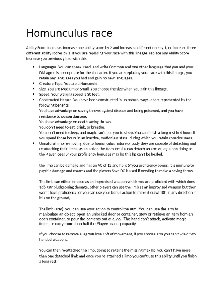 Homunculus Race Features in D&D 5E | PDF