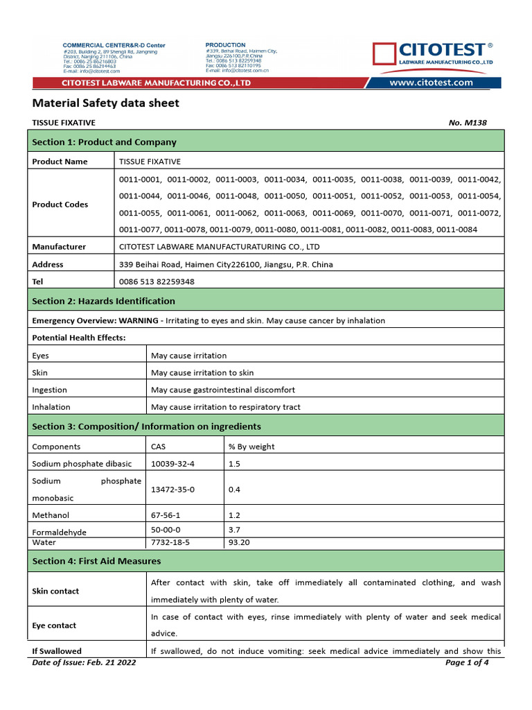 Material Safety Data Sheet For 10% Neutral Buffered Formalin Solution ...