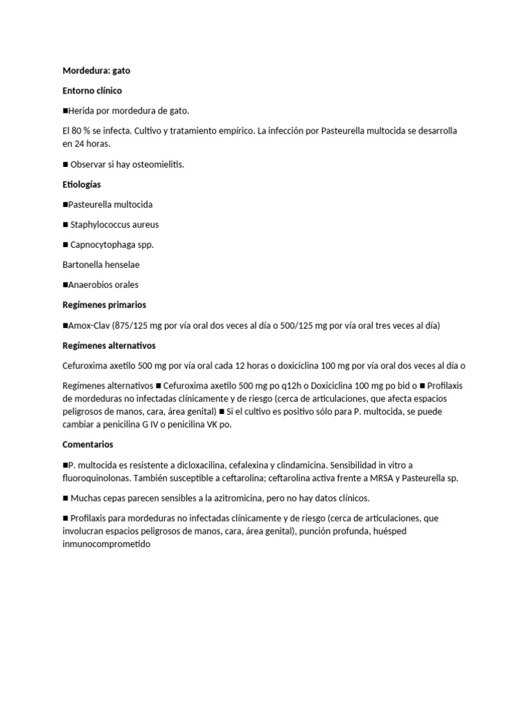 Manejo de mordeduras de gato: infecciones y tratamiento | PDF