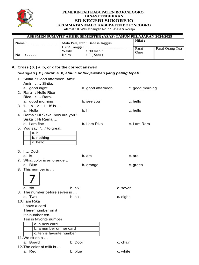 Soal Asas B. Ingg KLS Ii SMT 1 2024-2025 | PDF