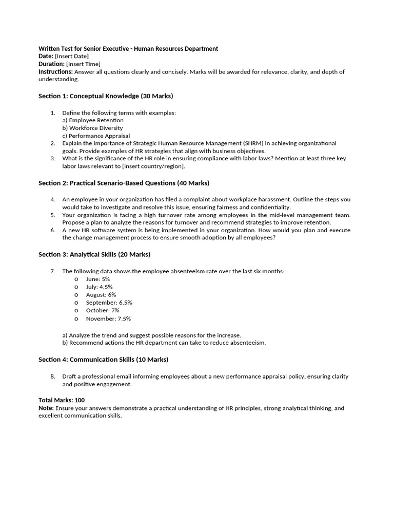 Written Test For Senior Executive - HR | PDF