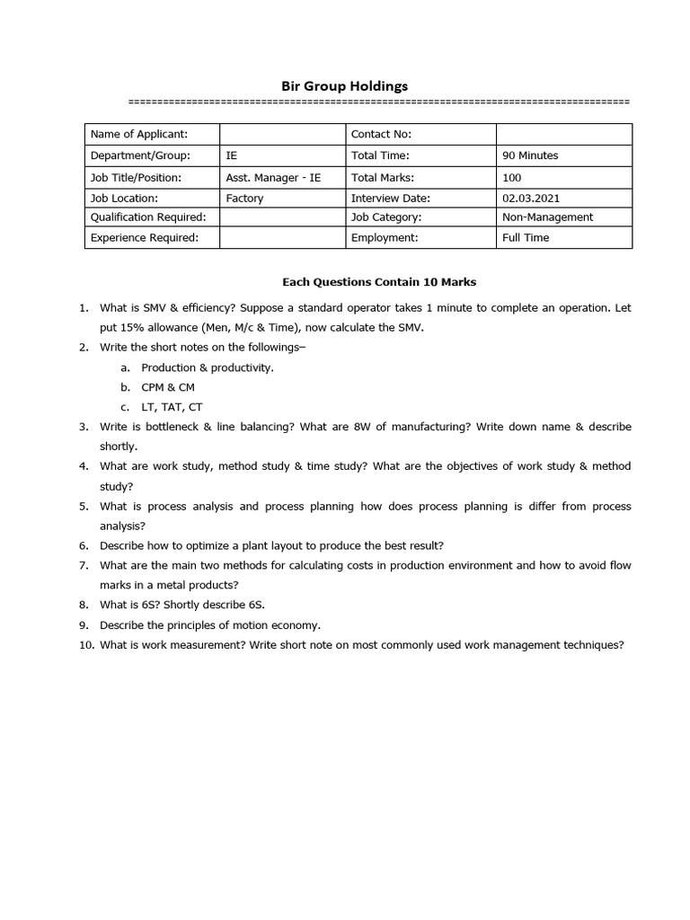 Assistant Manager IE Interview Questions | PDF