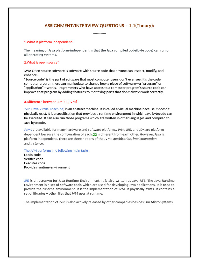 ASSIGNMENT Questions Course | PDF | Java Virtual Machine | Java (Programming Language)