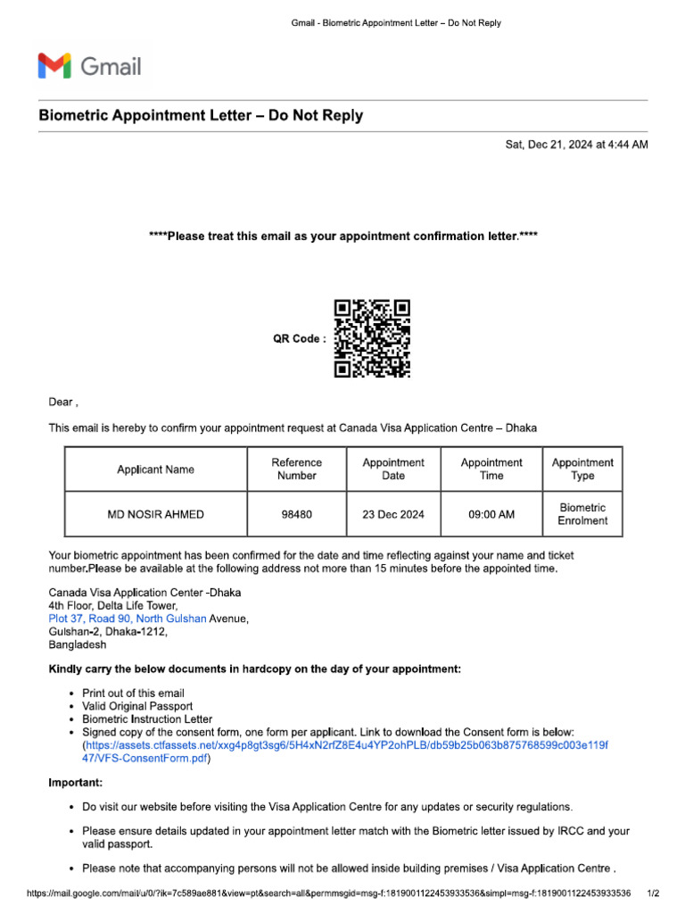 Biometric Appointment Letter - MD Nosir Ahmed | PDF