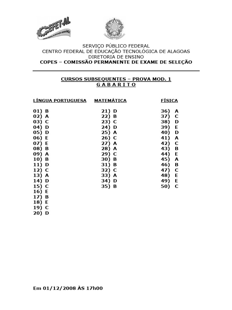 Gabarito Subsequente Prova Modelo 1 | PDF