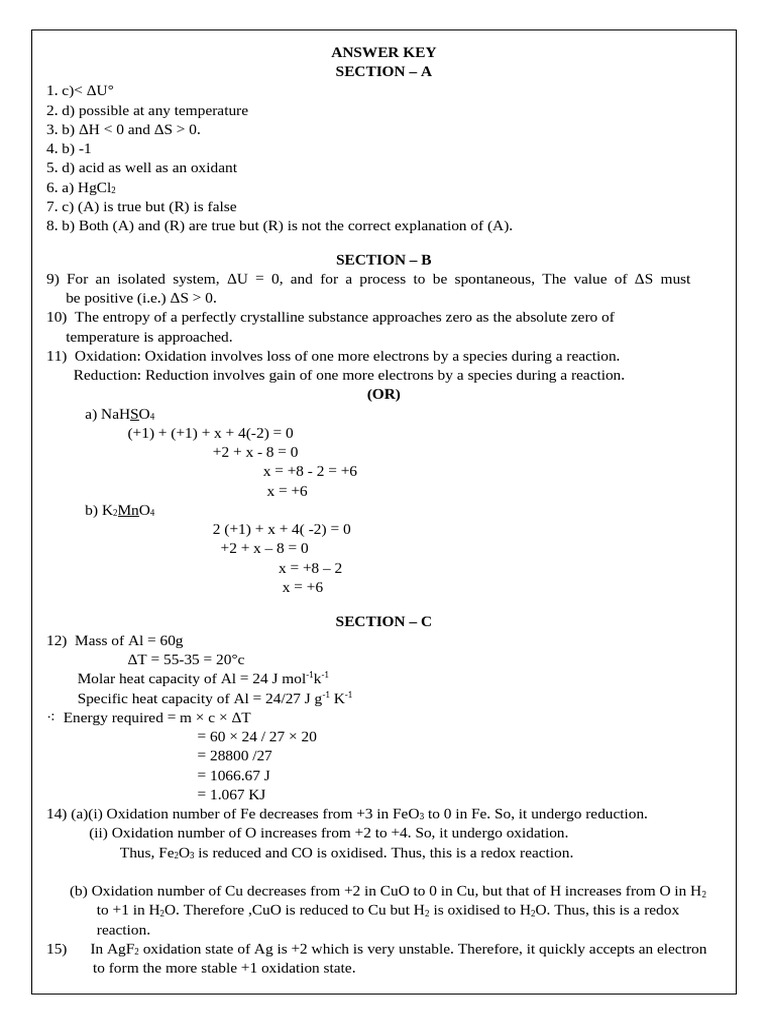 Xi Chemsitry Answer Key | PDF | Redox | Physical Chemistry