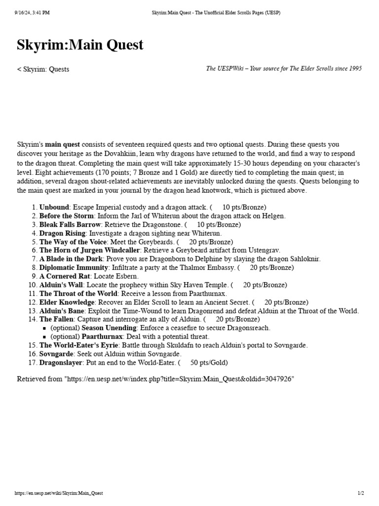 Skyrim - Main Quest - The Unofficial Elder Scrolls Pages (UESP) | PDF ...