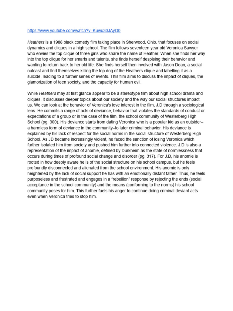 Heathers On Deviance and Conformity | PDF | Deviance (Sociology ...