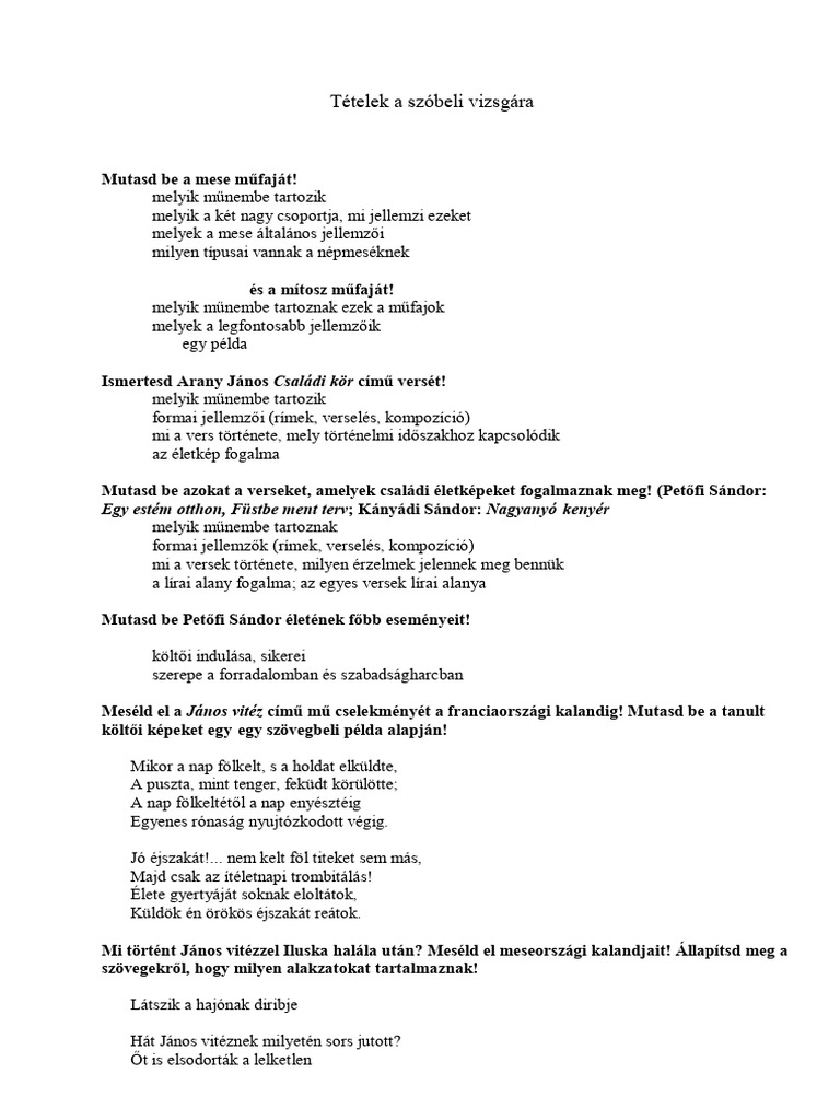 5.b Magyar Irodalom Vizsgatetelek 2024 | PDF