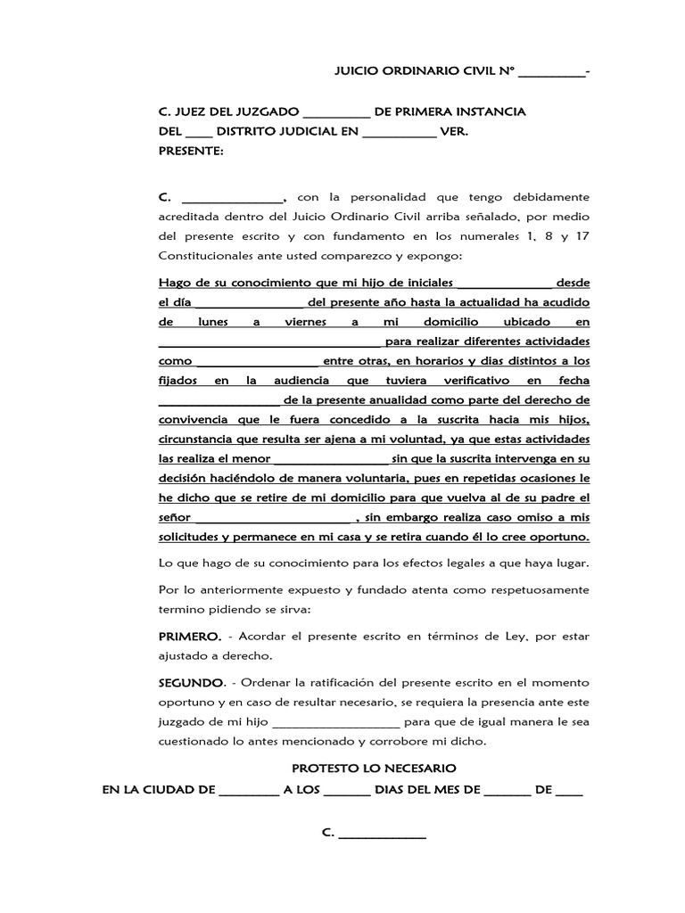 Formato de Escrito para Informar A Juzgado Familiar Incumplimiento de Derecho de Convivencia | PDF