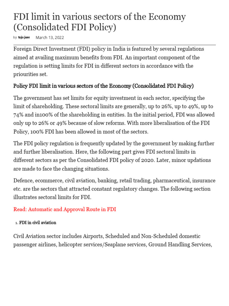 FDI Limit in Various Sectors of The Economy (Consolidated FDI Policy ...
