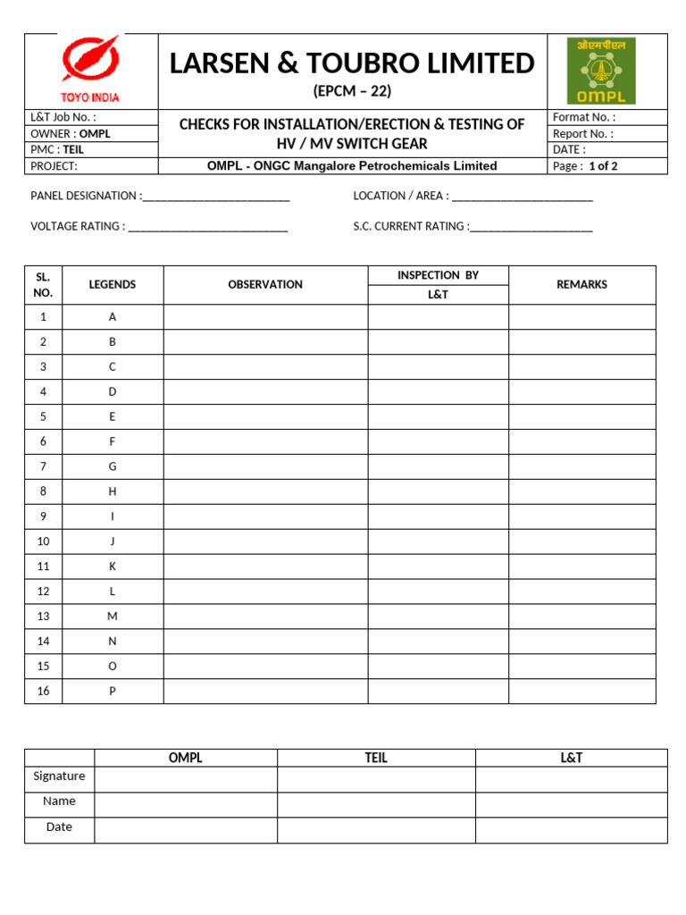 Larsen & Toubro Limited: (EPCM - 22) Checks For Installation/Erection ...