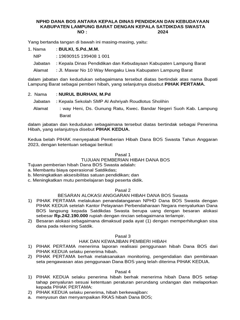 FORMAT NPHD BOS SWASTA SMP Ars | PDF